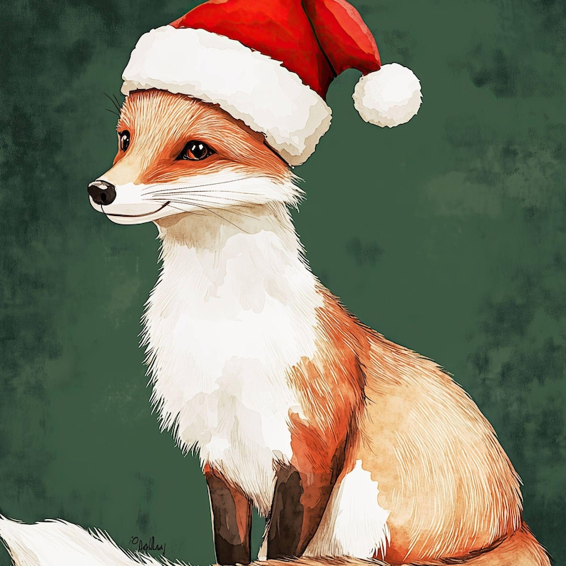 Christmas Fox Santa Hat Art Print: Festive Farmhouse Decor (digital ...