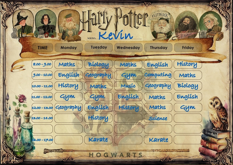 Harry Potter Timetable, Daily Planner, Weekly Planner, Daily Motivator ...