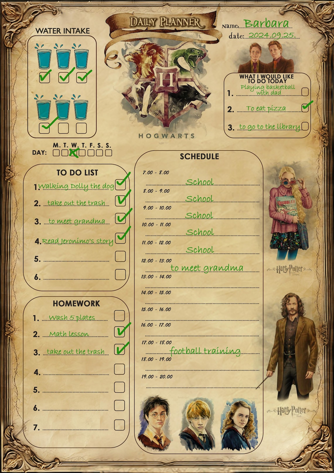 Harry Potter Timetable, Daily Planner, Weekly Planner, Daily Motivator ...
