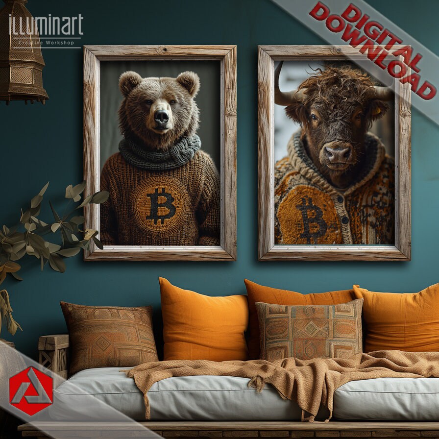 Bitcoin Bull and Bear Market, Knitted Style, Crypto Wall Decor, Office ...