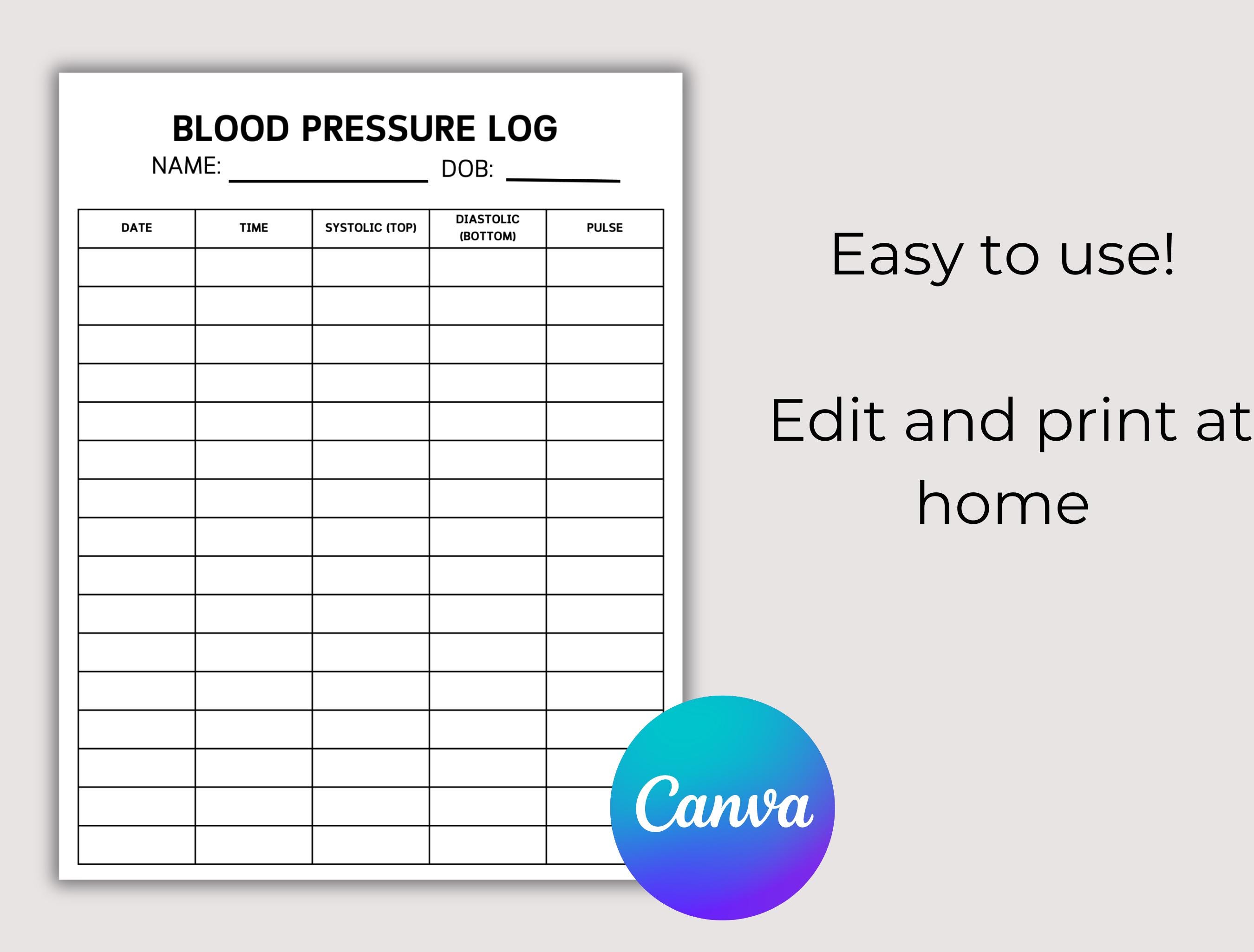 Blood Pressure Log Printable, Blood Pressure Tracker, Blood Pressure ...