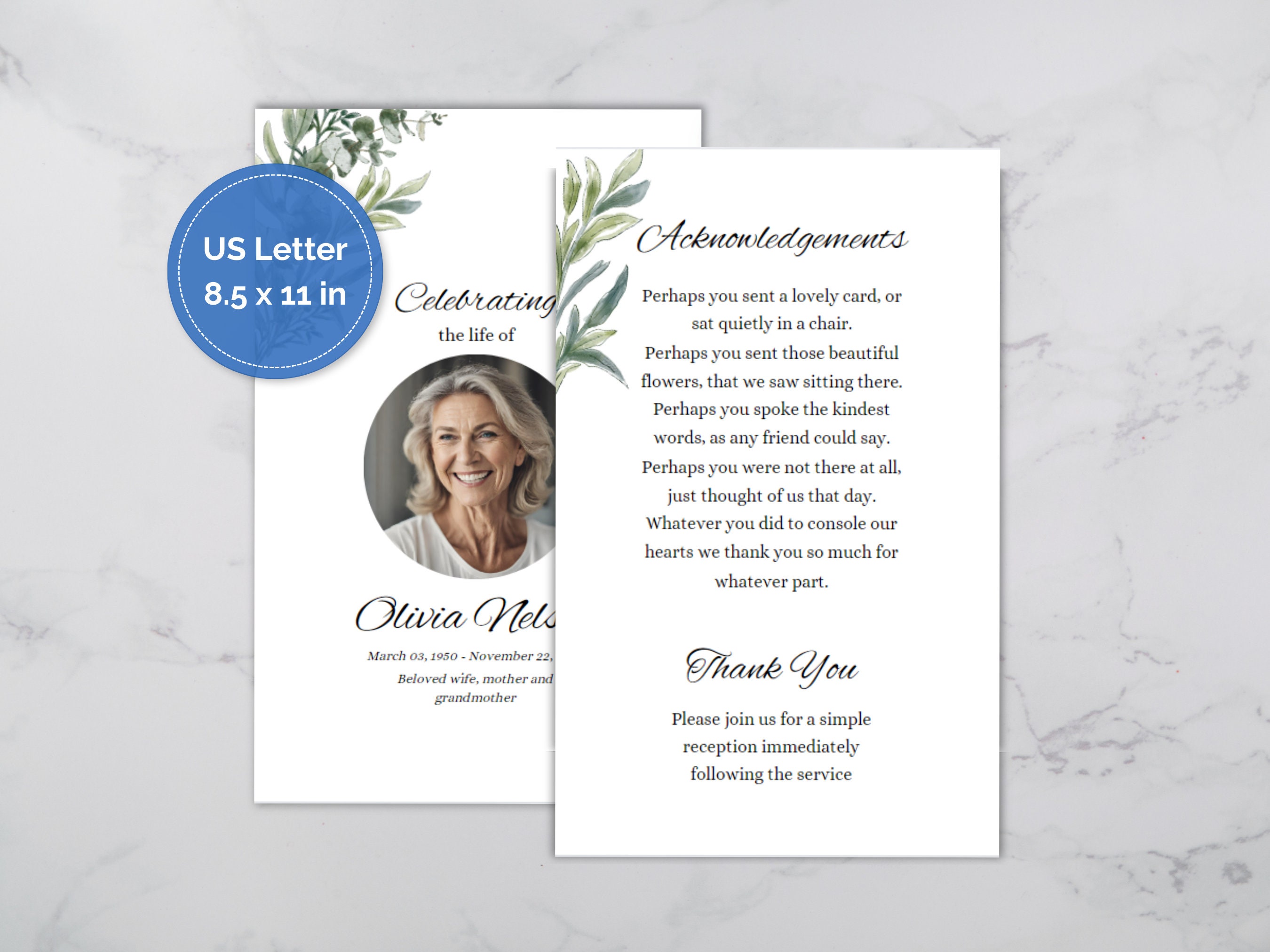 Editable Greenery Sage Funeral Program Template, Funeral Memorial ...