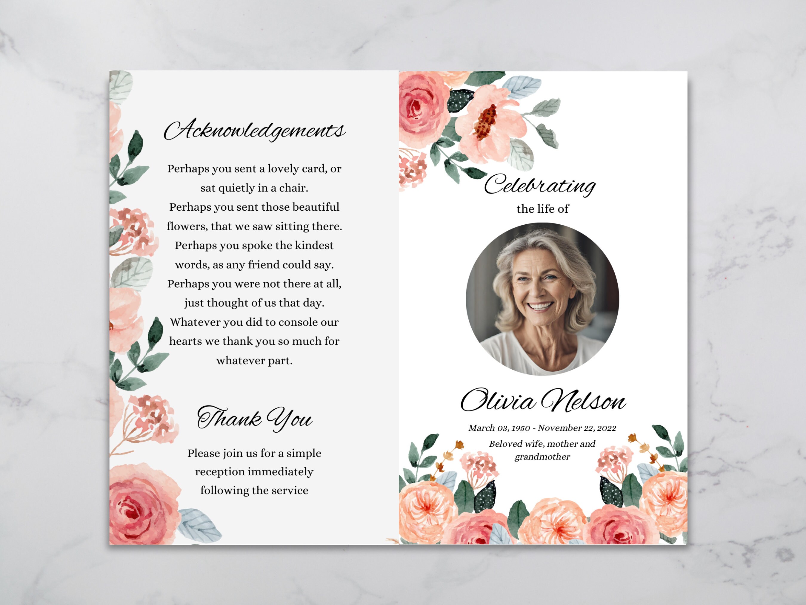 Editable Floral Watercolor Pink Funeral Program Template, Funeral ...