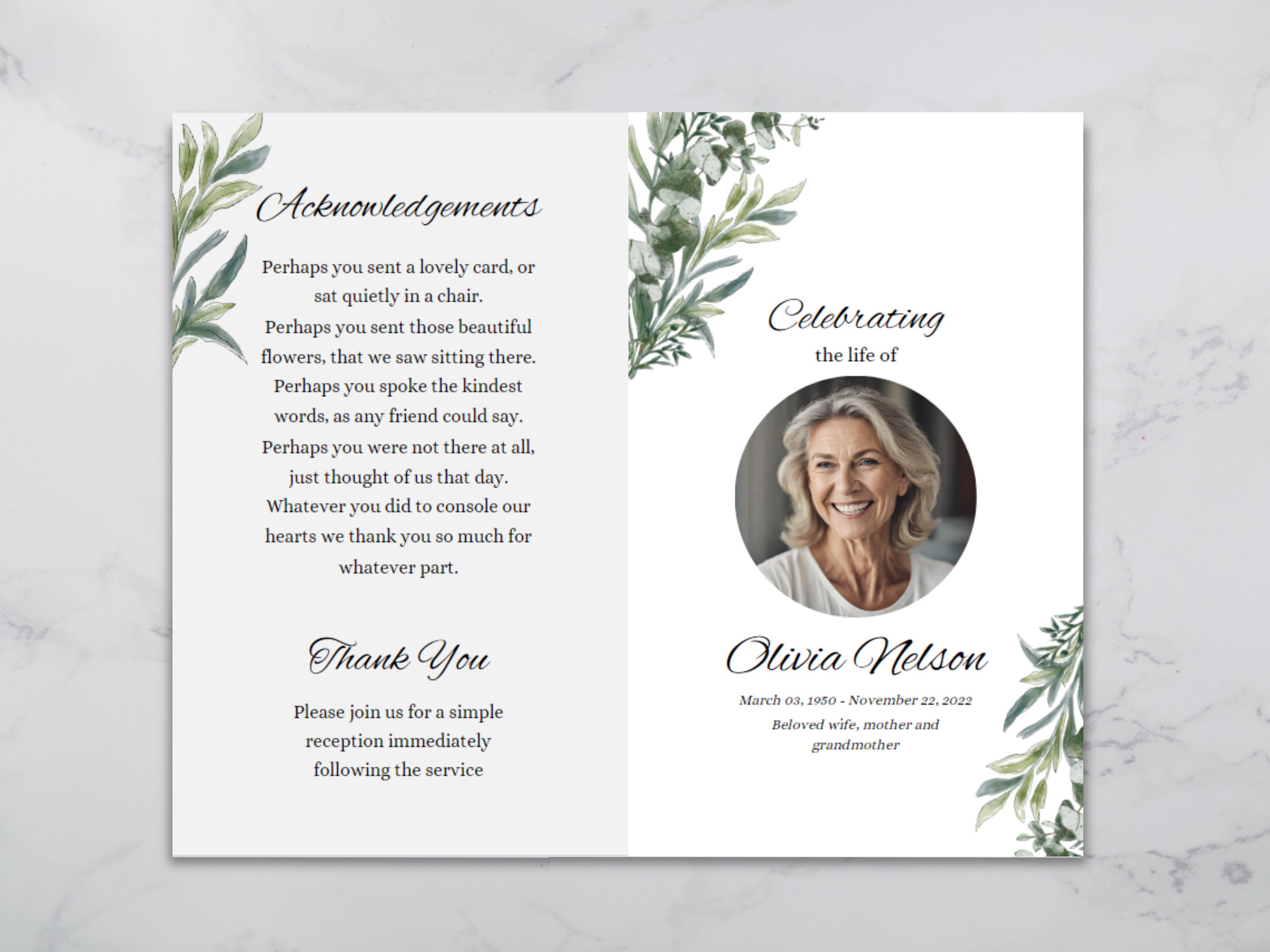 Editable Greenery Sage Funeral Program Template, Funeral Memorial ...
