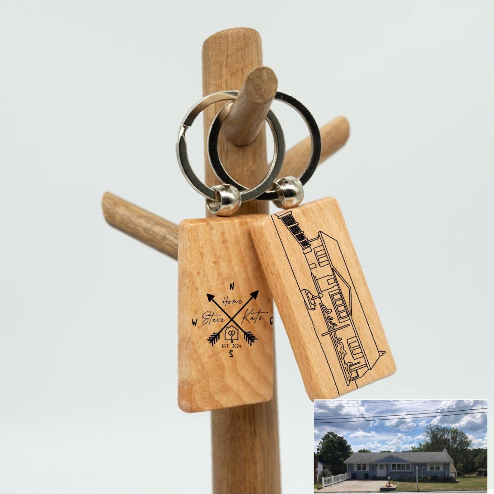 Personalized Wooden Home Keychains, Line Drawing, Engraved House ...