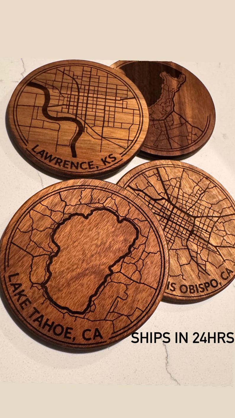 Personalized Wooden Map Coasters Custom Engraved City Landmark Maps ...