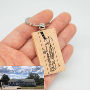 Personalized Wooden Home Keychains, Line Drawing, Engraved House ...