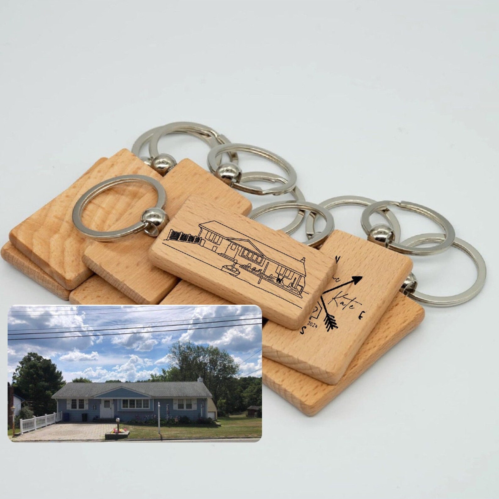 Personalized Wooden Home Keychains, Line Drawing, Engraved House ...