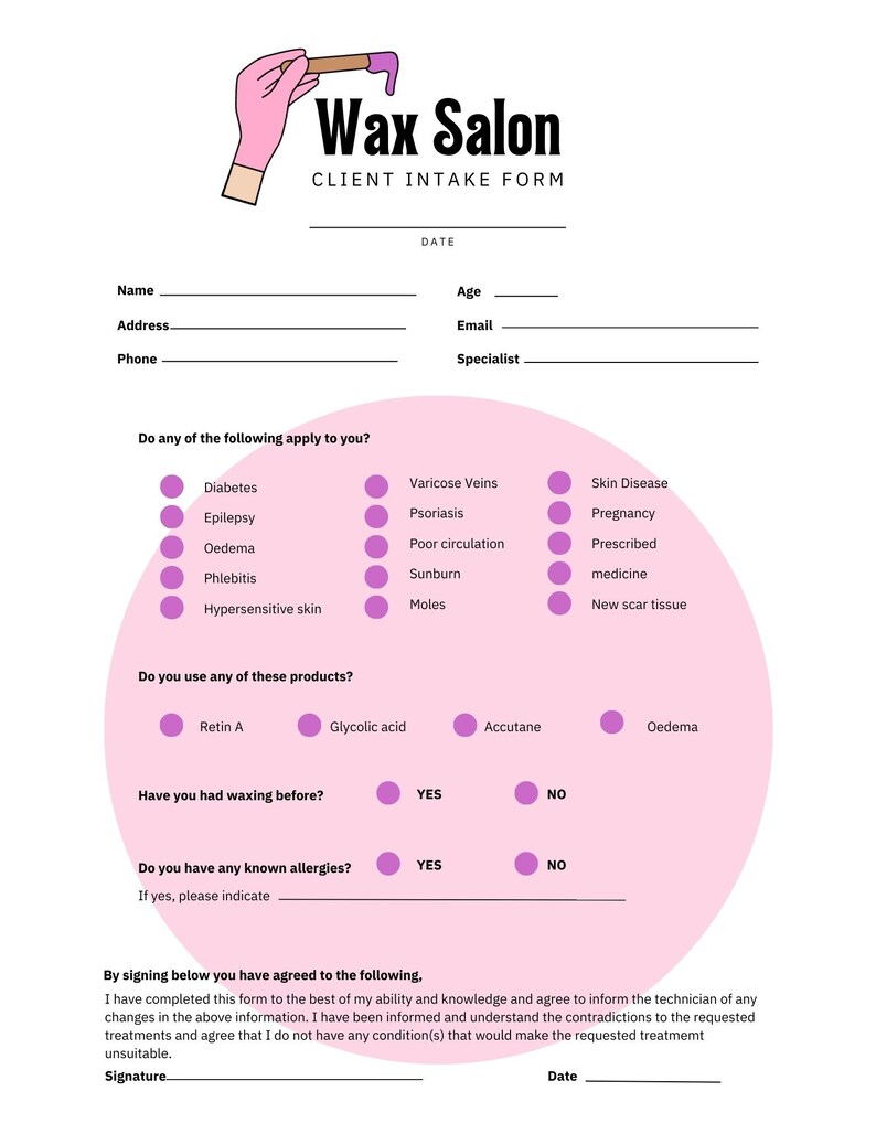 Editable Waxing Intake Form, DIY Client Form Template Design, Wax ...