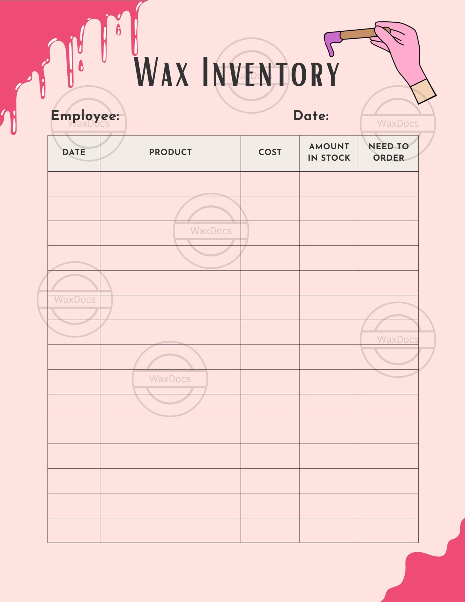 Wax Salon Inventory Management Form Inventory Tracker PDF Product ...