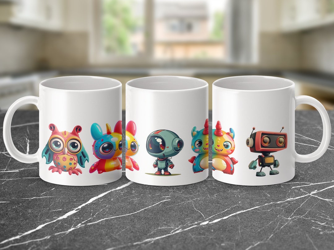 Colorful Cute Cartoon Creatures Mug, Kids Friendly Animal Design Coffee ...