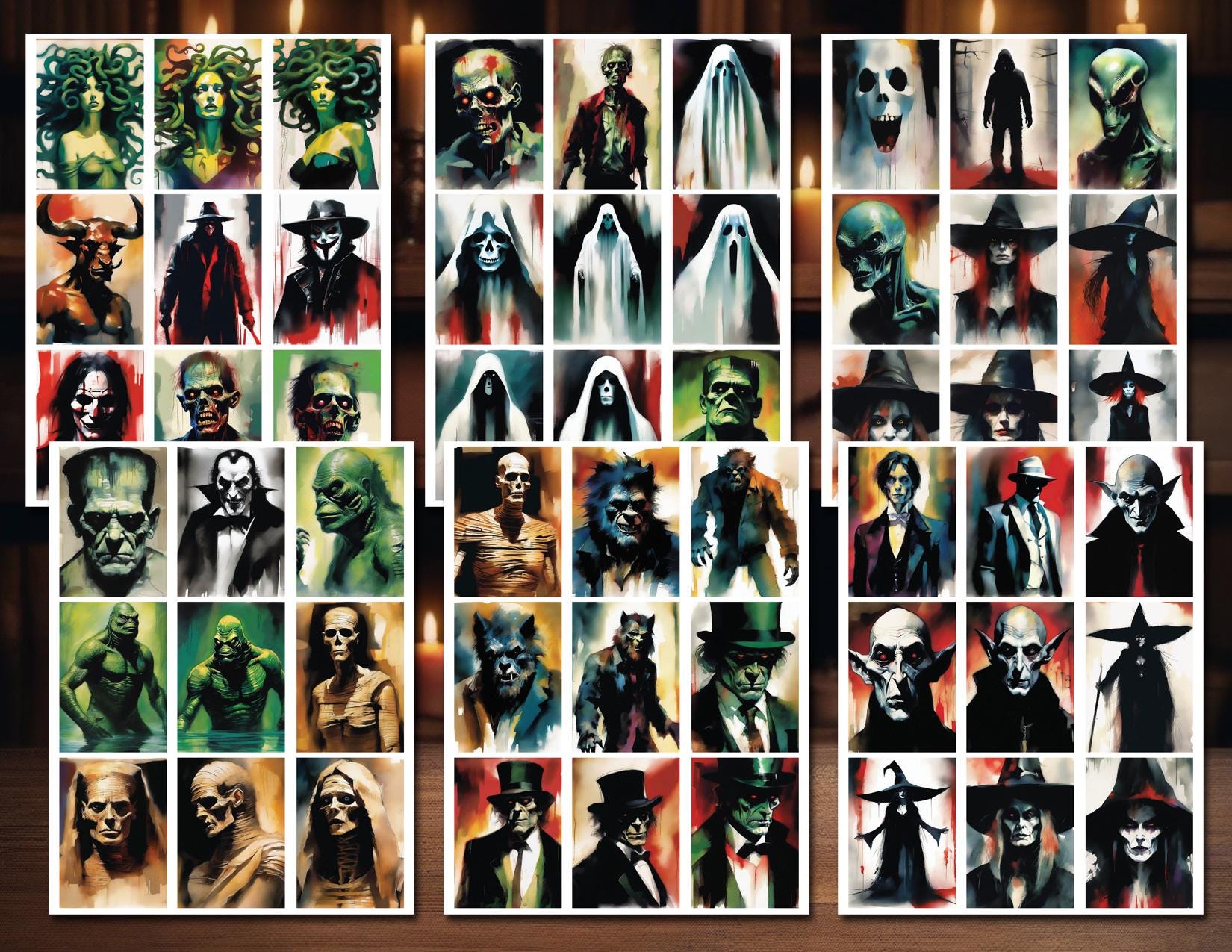 Stylized Painted Horror Icons Halloween Trading Cards Junk Journal ATC ...