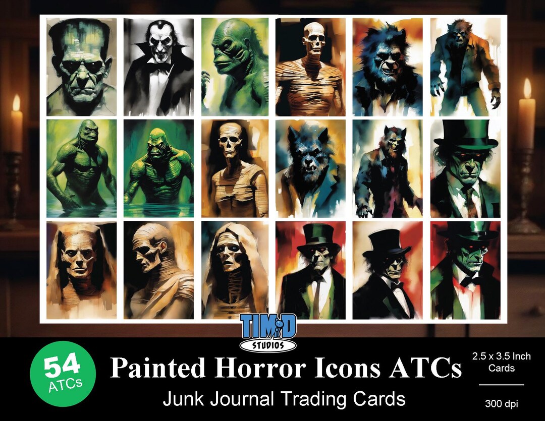 Stylized Painted Horror Icons Halloween Trading Cards Junk Journal ATC ...