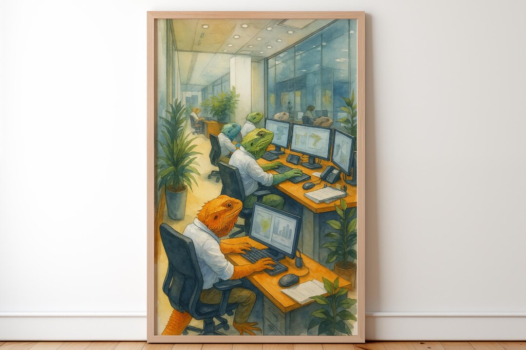 Funny Whimsical Surrealist Illustration Bearded Dragons at Work ...