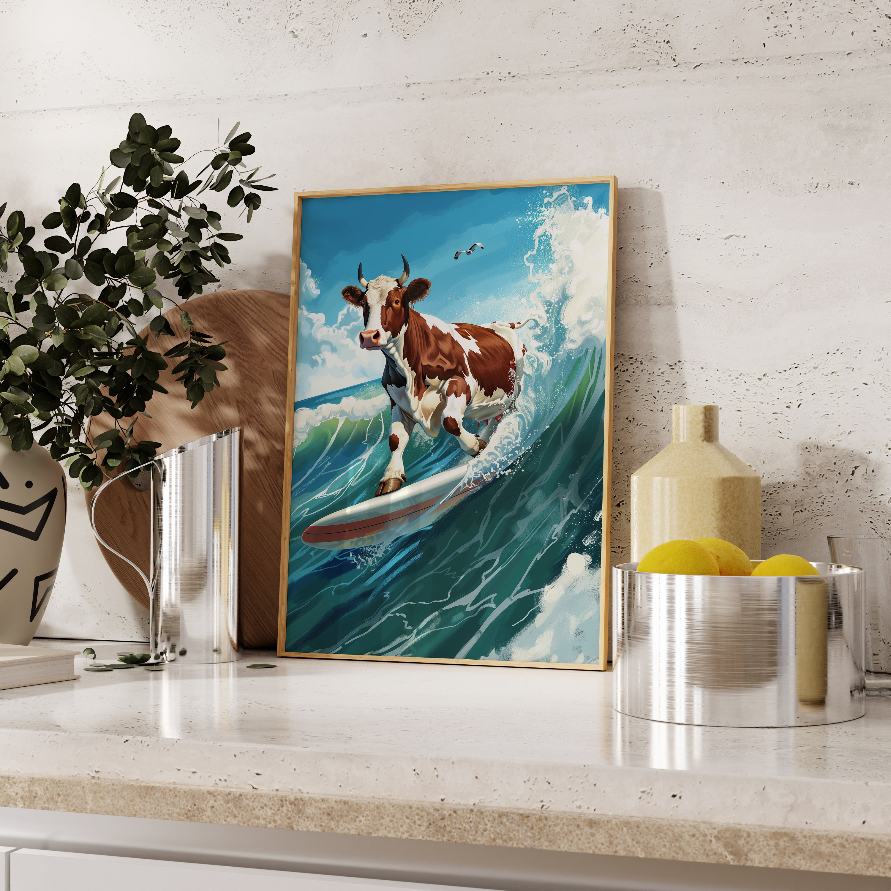Cow-abunga Cow Surfing the Waves Painting, Funny Animal Wall Decor ...
