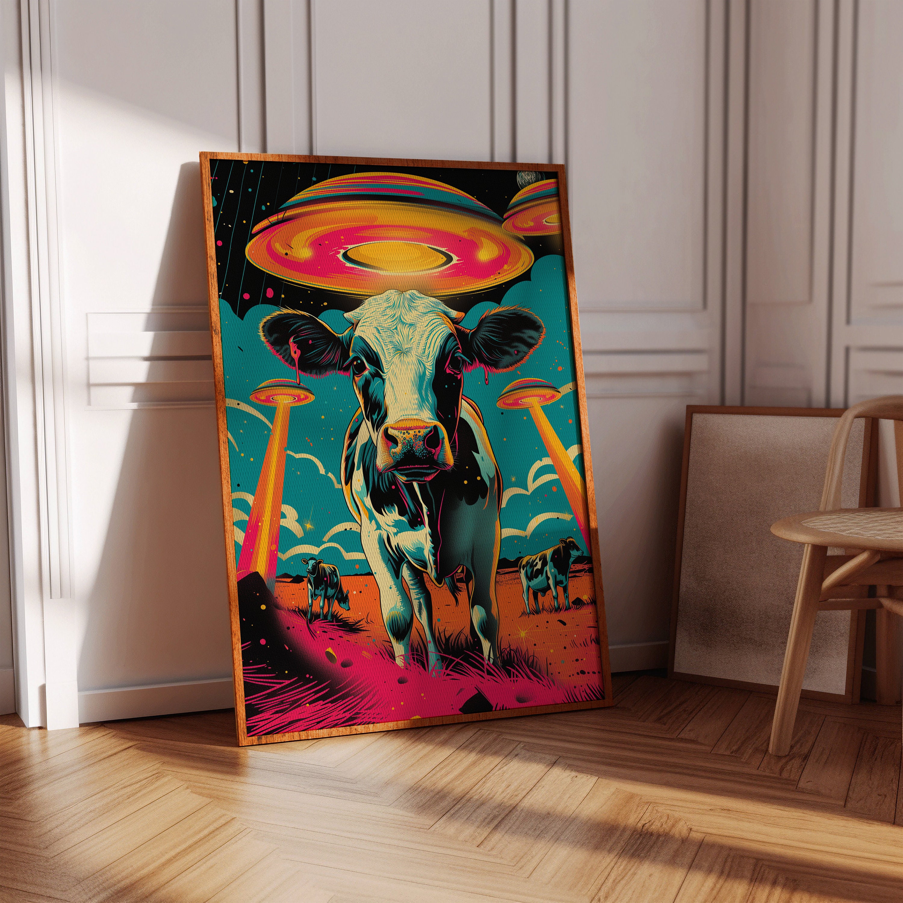 Cow Abduction by Aliens Pop Art, Two Headed Cow Funny Animal Wall Decor ...