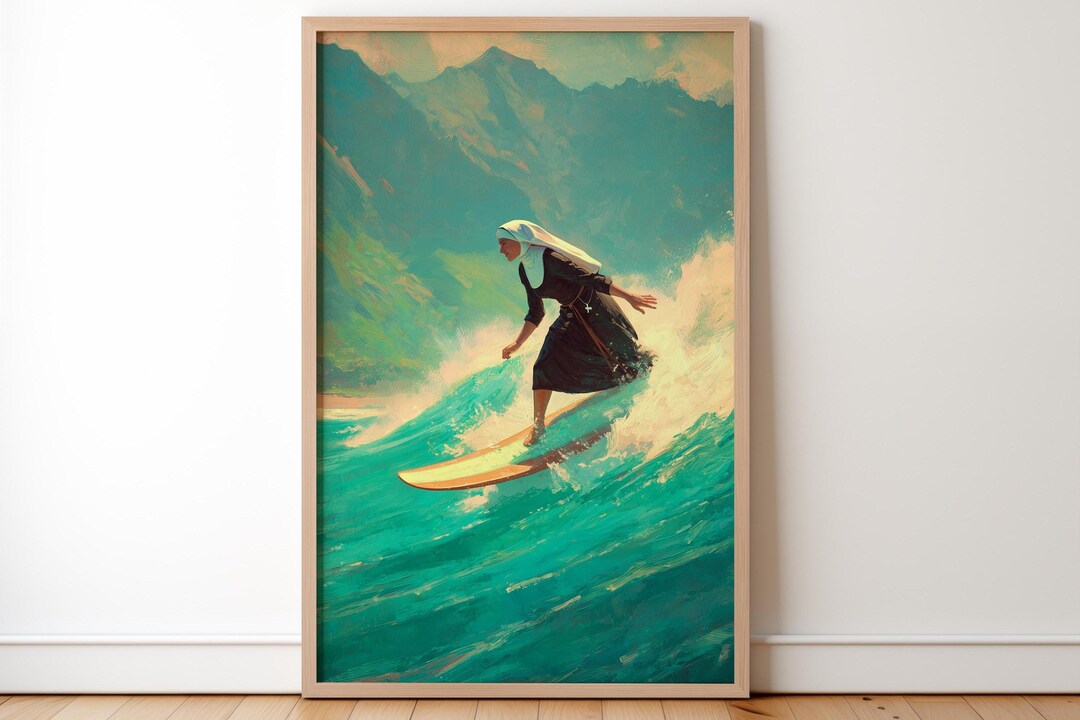 Surfing Nun Wall Art, Funny Parody Ocean Wave Poster, Bold Spiritual ...