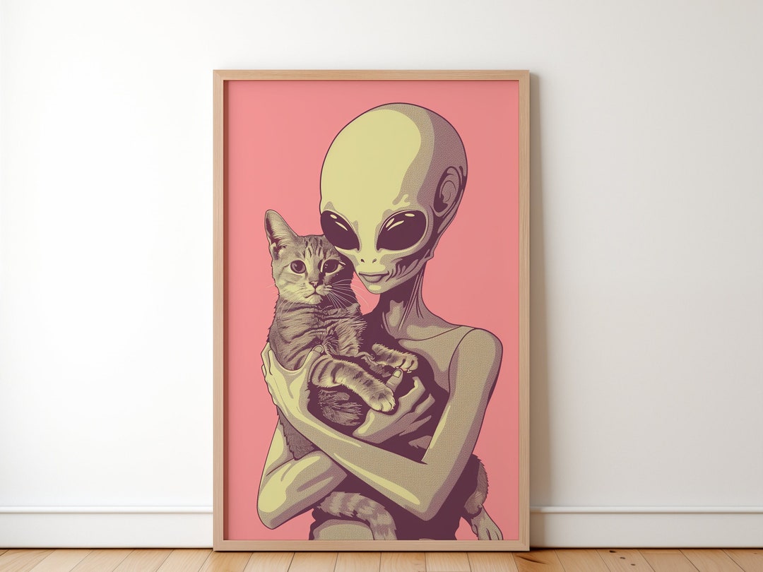 Retro Alien Holding A Cat Poster, Vintage Animal Extraterrestrial Wall ...