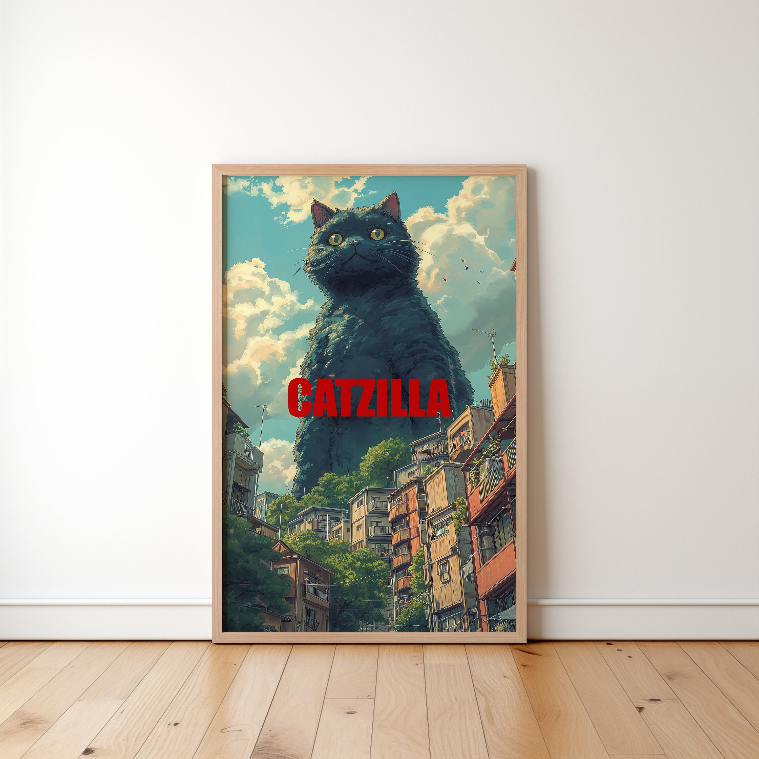 Studio Ghibli Catzilla Over Large Buildings in Tokyo Poster, Cute Black ...
