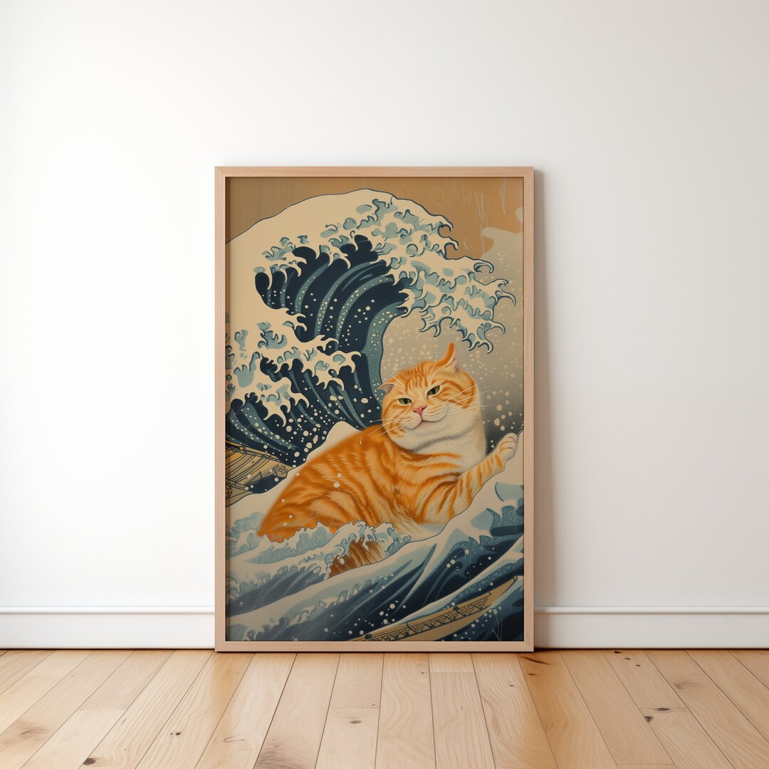 Blonde Cat Inside of the Great Wave off Kanagawa Painting, Funny Cat ...