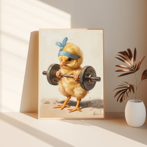 Baby Chicken Lifting Weights Painting, Funny Chick Workout Poster, Cute ...