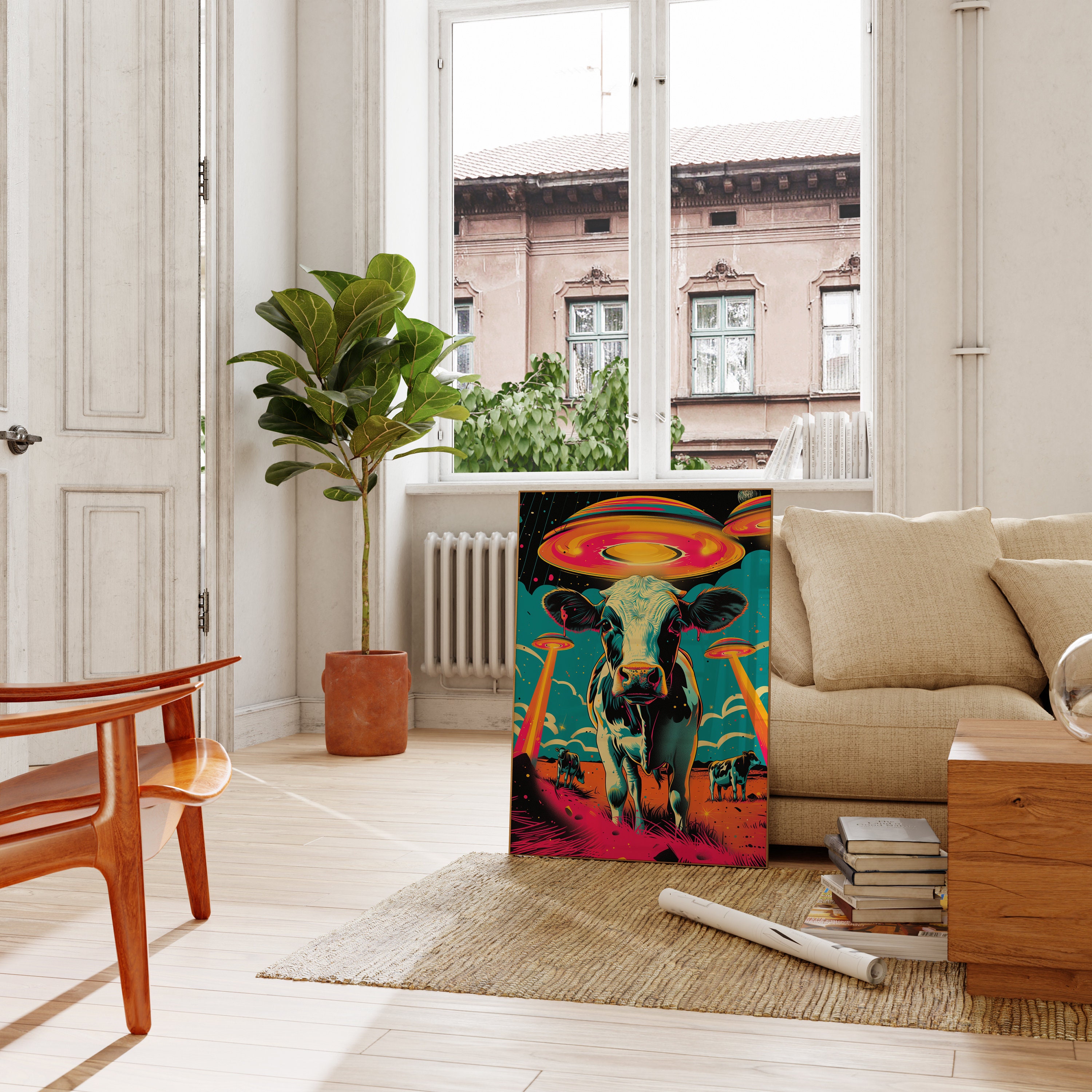 Cow Abduction by Aliens Pop Art, Two Headed Cow Funny Animal Wall Decor ...