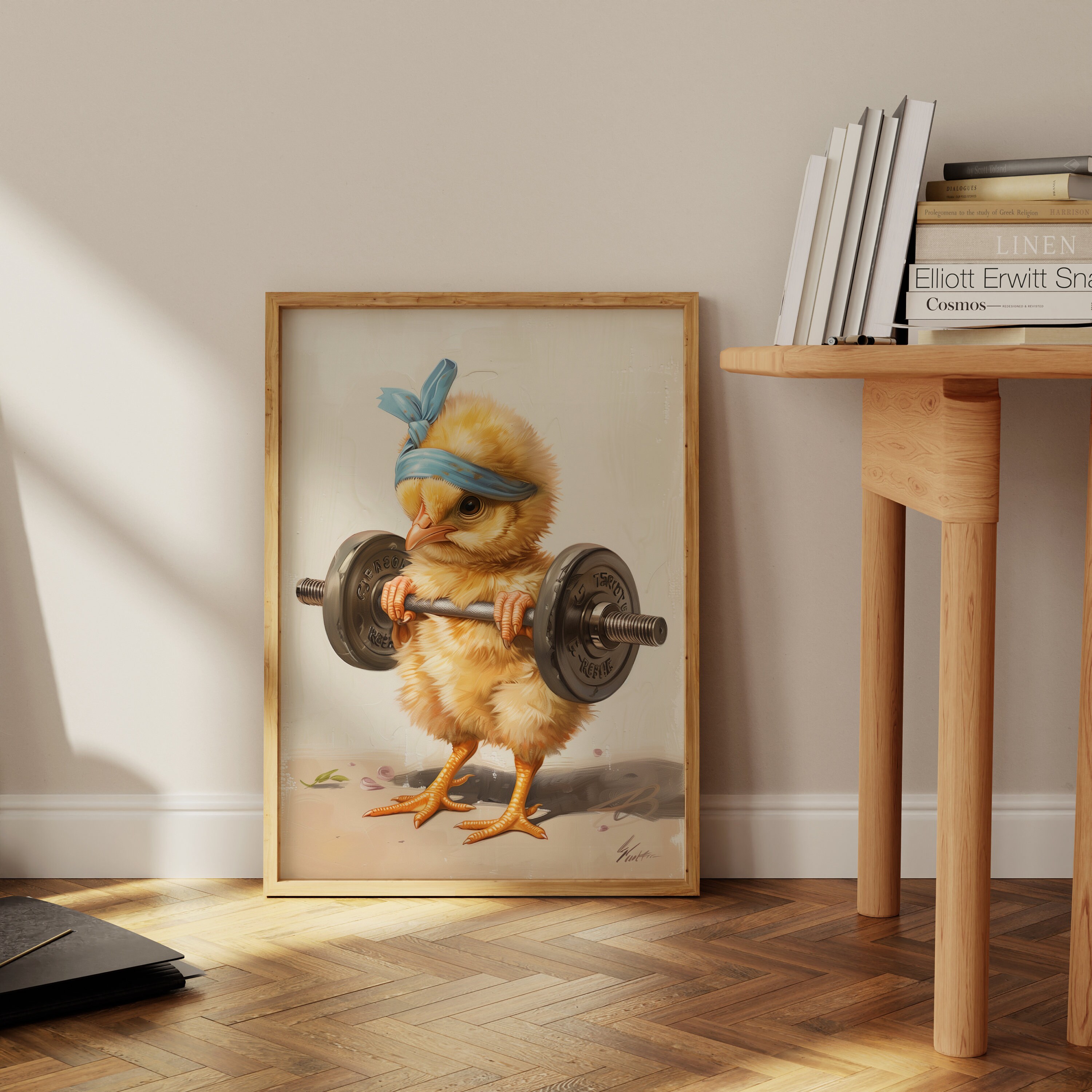 Baby Chicken Lifting Weights Painting, Funny Chick Workout Poster, Cute ...