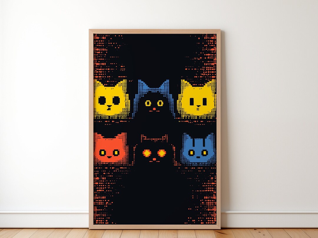Six Pixelated Cats From Pac-man Poster, Funny Video Game Reference Wall ...