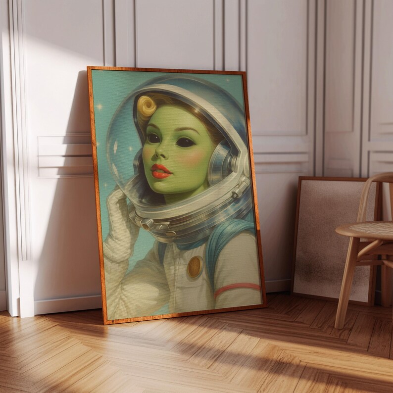 Retro Space Girl Poster, Green Alien Astronaut Art, Vintage Cosmic ...