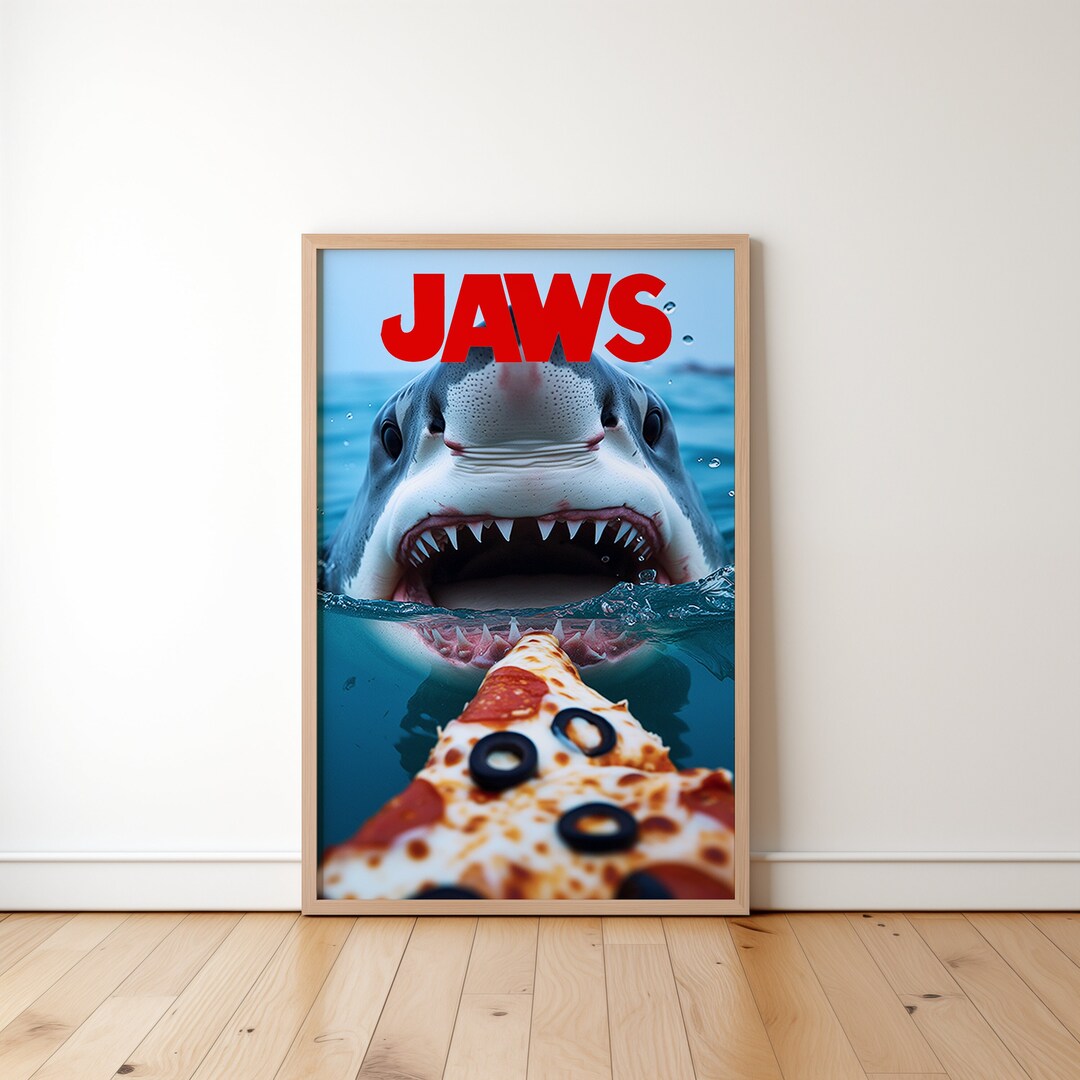 JAWS Eating Pepperoni and Olive Pizza Poster, Funny Shark Wall Decor ...