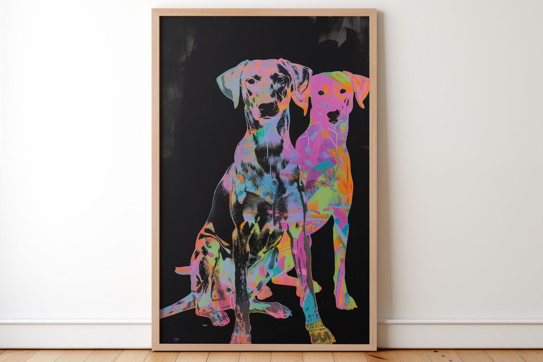 Colorful Retro Neon Pop Art of Two Cute Dogs Sitting, Animal Poster ...