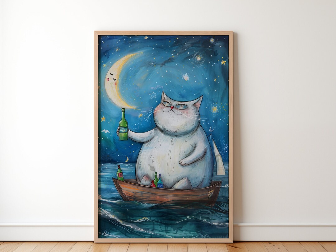 A Drunk White Cat Sitting Under A Crescent Moon Painting, Funny ...