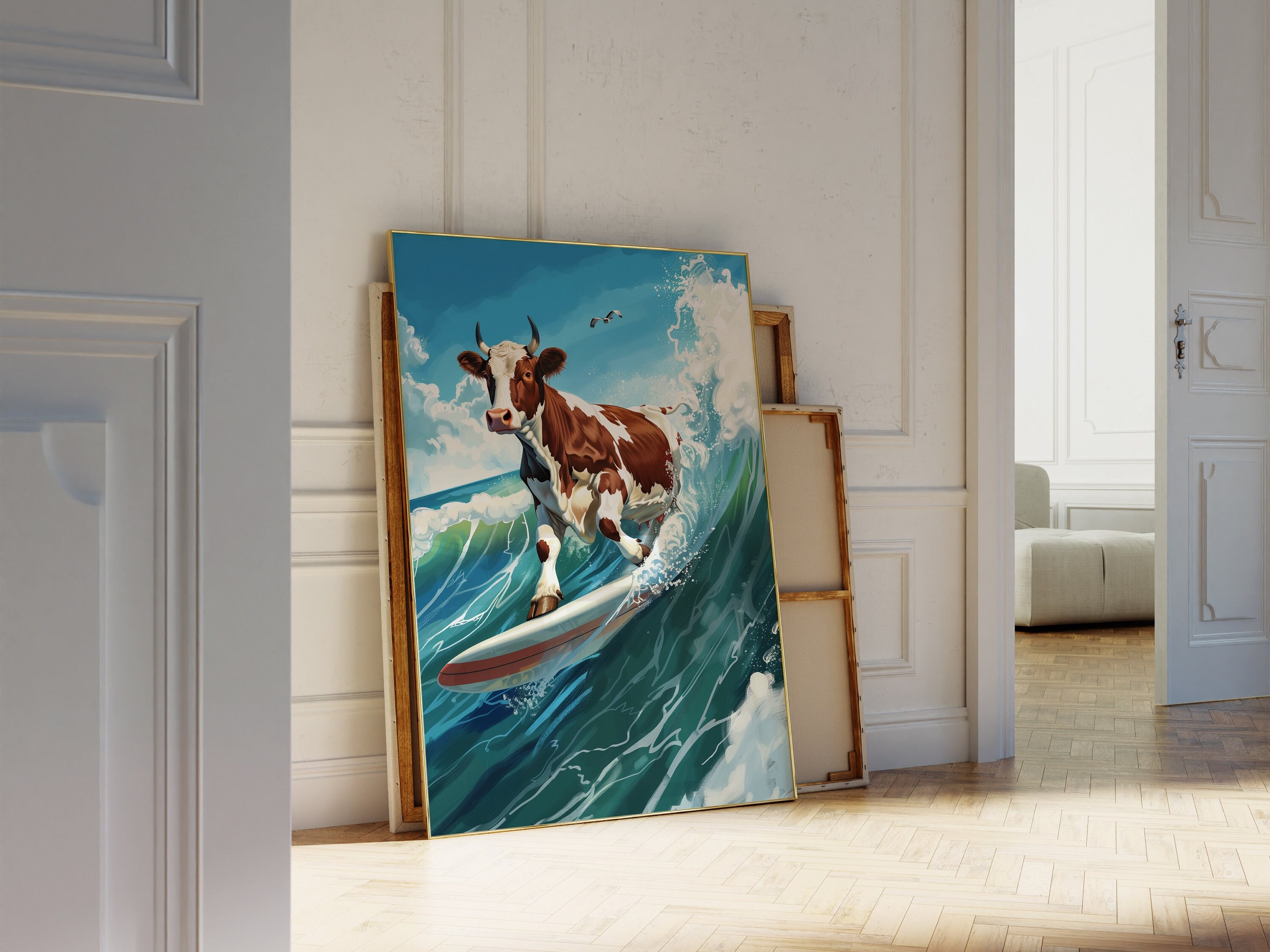 Cow-abunga Cow Surfing the Waves Painting, Funny Animal Wall Decor ...