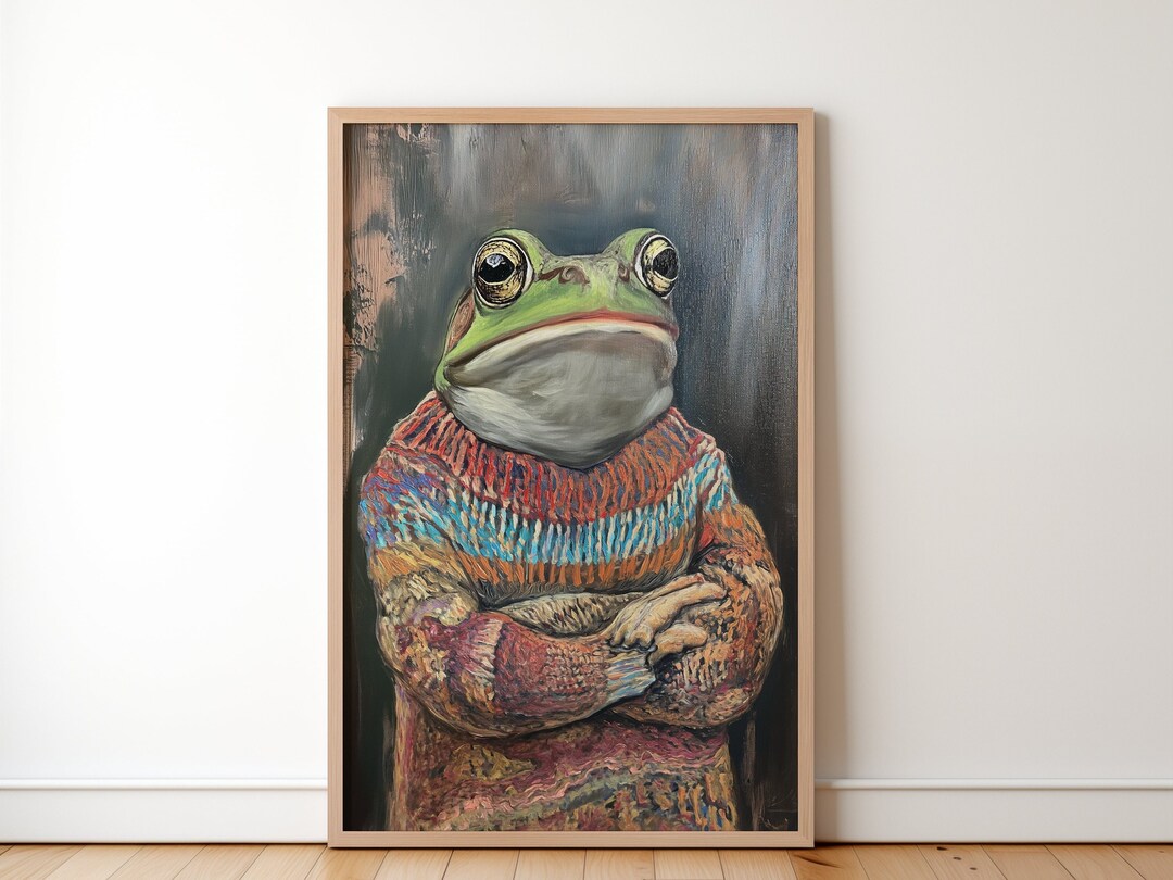 A Frog Wearing an Ugly Sweater Oil Painting, Funny Frog Wall Art Gift ...