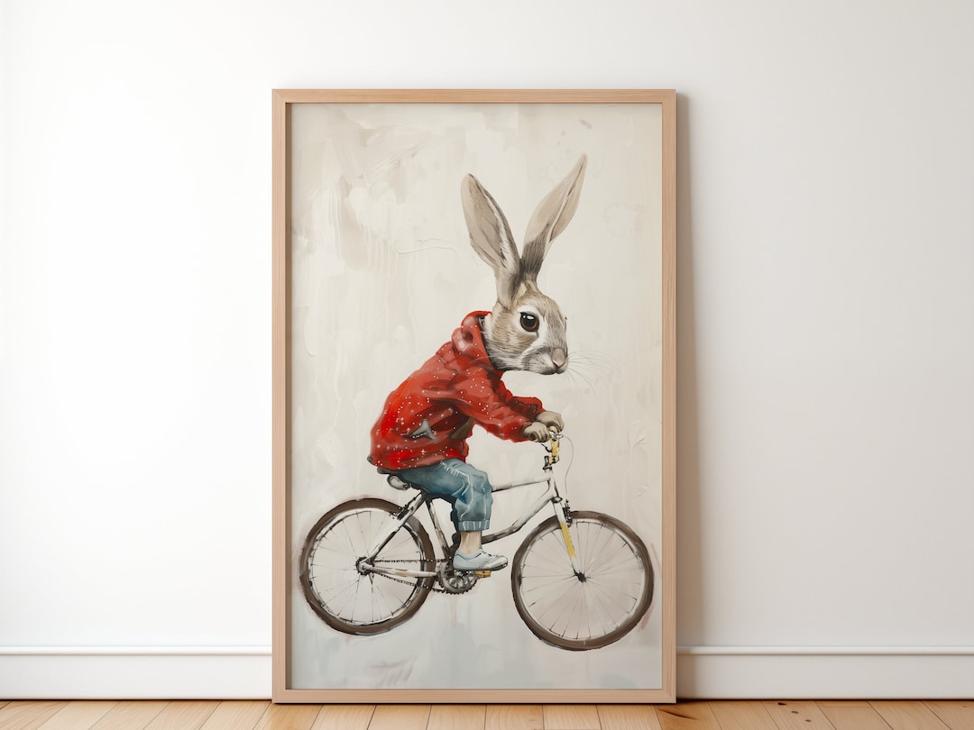 Rabbit Riding A Bicycle Painting, Hare Wearing A Red Hoodie Poster ...