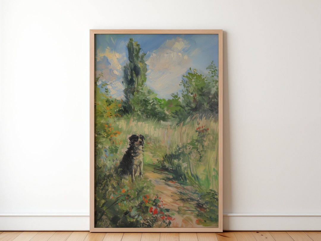 Monet Dog Sitting on a Grass Field Fine Art Painting, Cute Dog Sitting ...