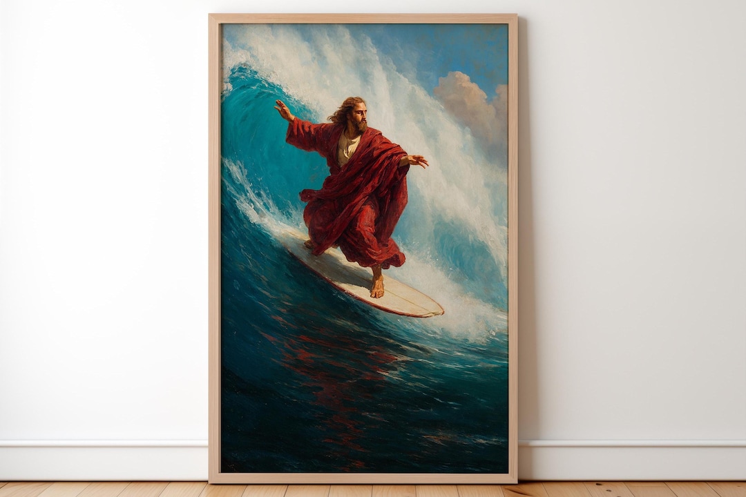Surfer Jesus Wall Art, Funny Parody Ocean Wave Poster, Divine, Surfing ...