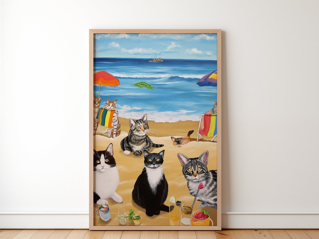Cats Playing at the Beach Poster, Cats Drinking Margaritas Print ...