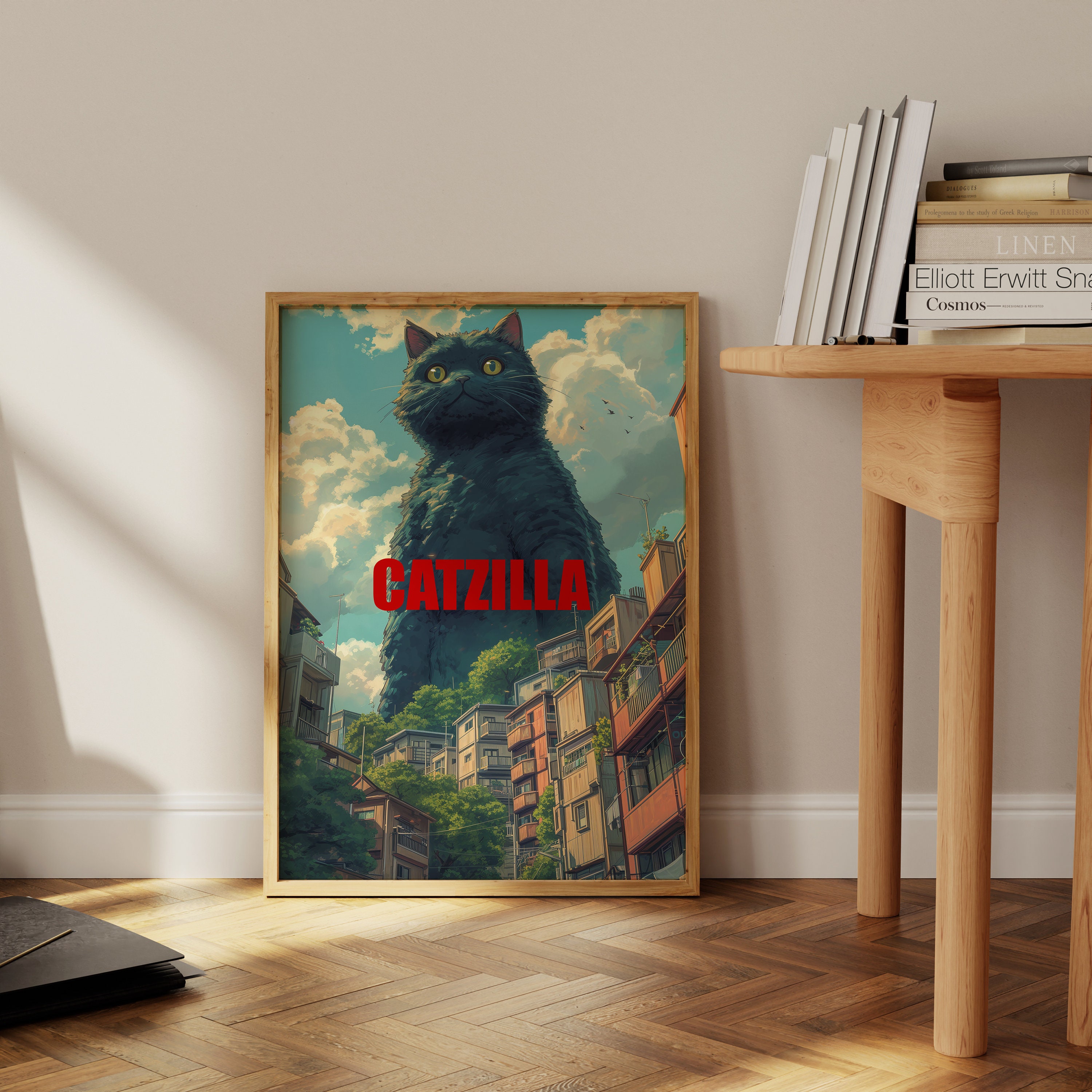 Studio Ghibli Catzilla Over Large Buildings in Tokyo Poster, Cute Black ...