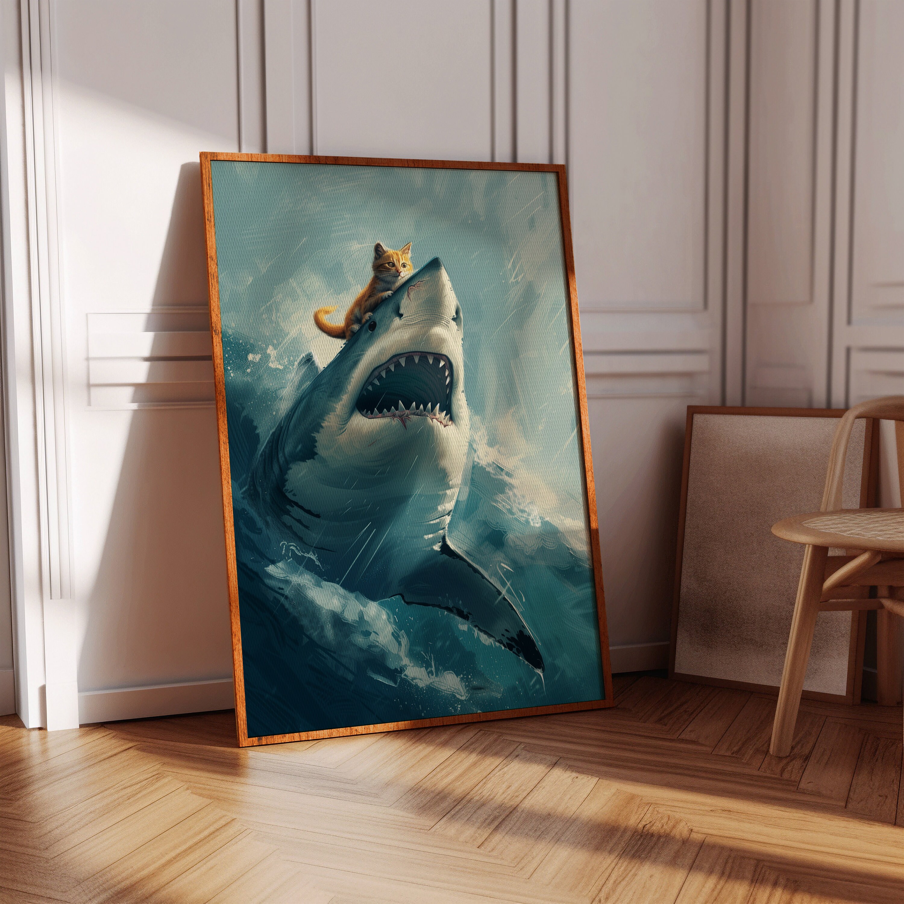 A Blonde Cat Riding A Great White Shark Painting, Funny Poster Gift for ...