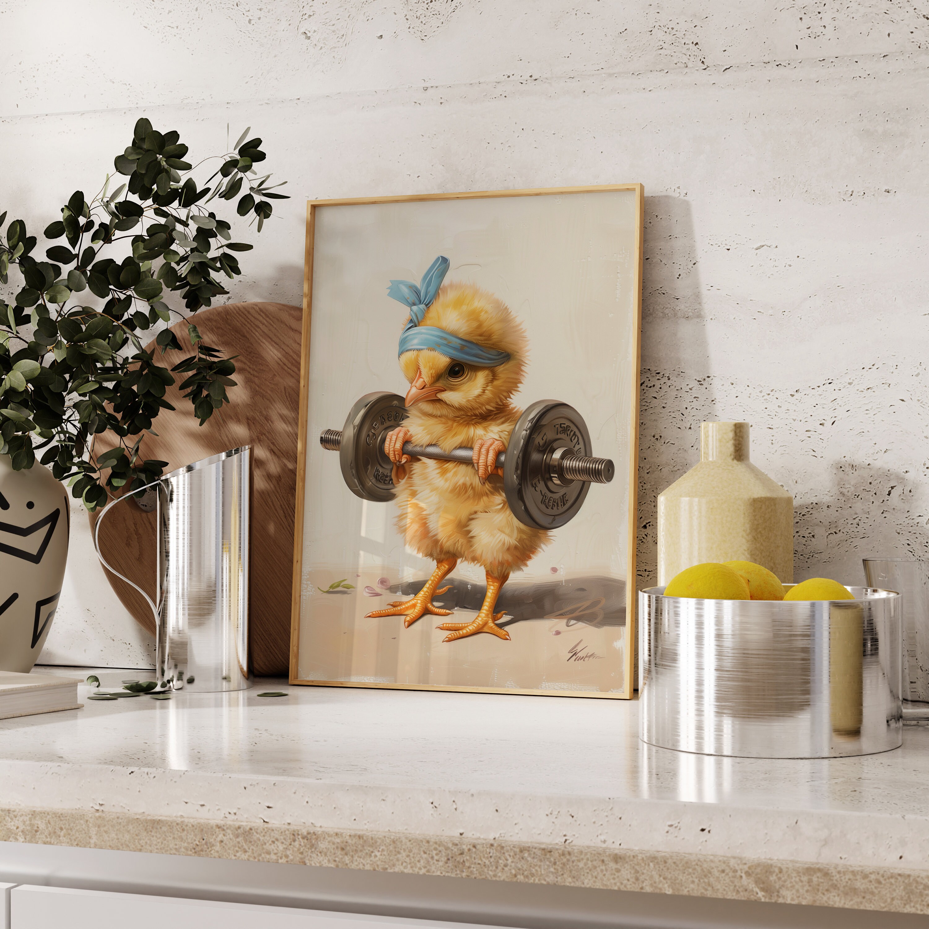 Baby Chicken Lifting Weights Painting, Funny Chick Workout Poster, Cute ...