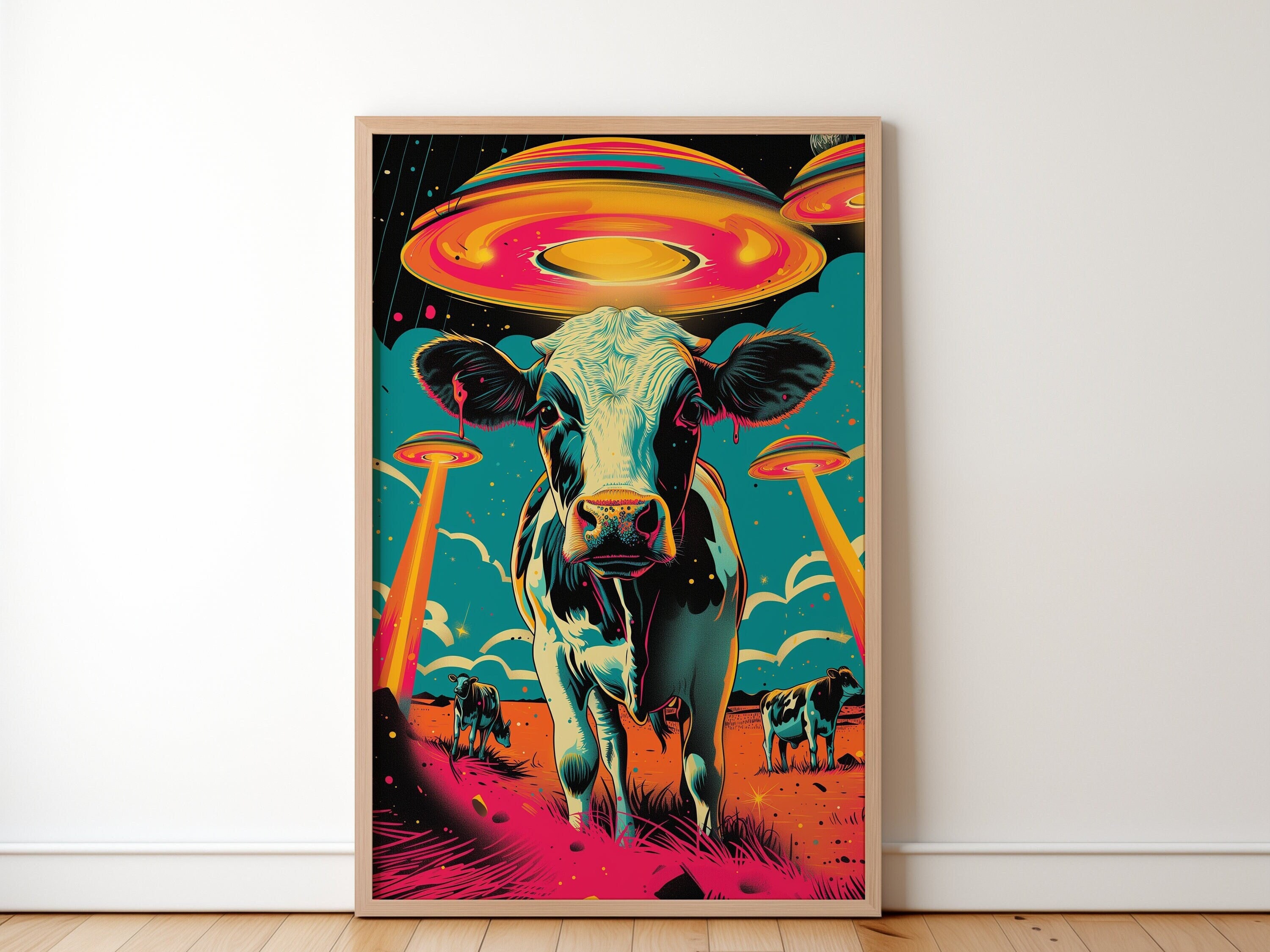 Cow Abduction by Aliens Pop Art, Two Headed Cow Funny Animal Wall Decor ...