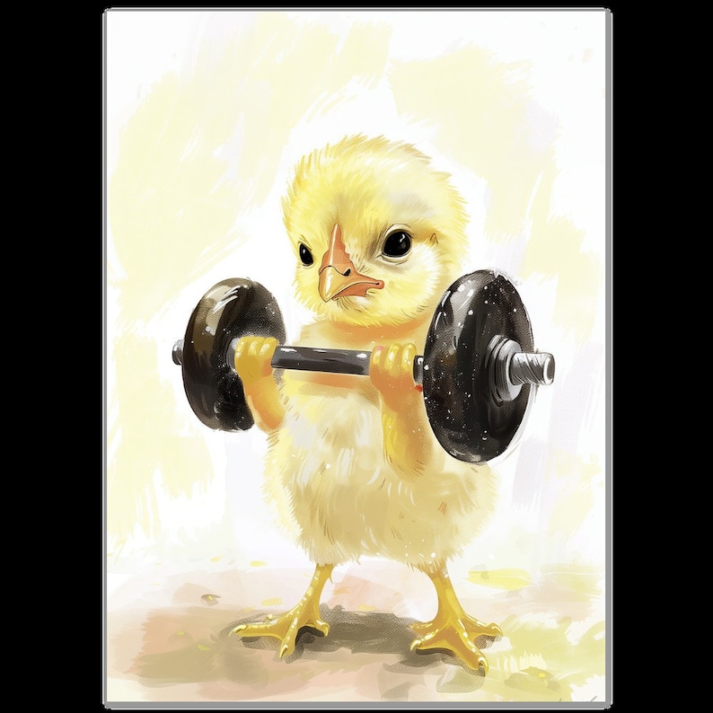 Baby Chicken Lifting Weights Painting, Funny Chick Workout Poster, Cute ...