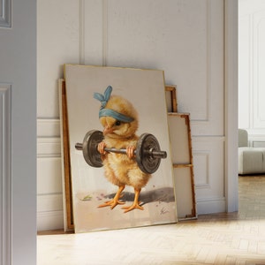 Baby Chicken Lifting Weights Painting, Funny Chick Workout Poster, Cute ...