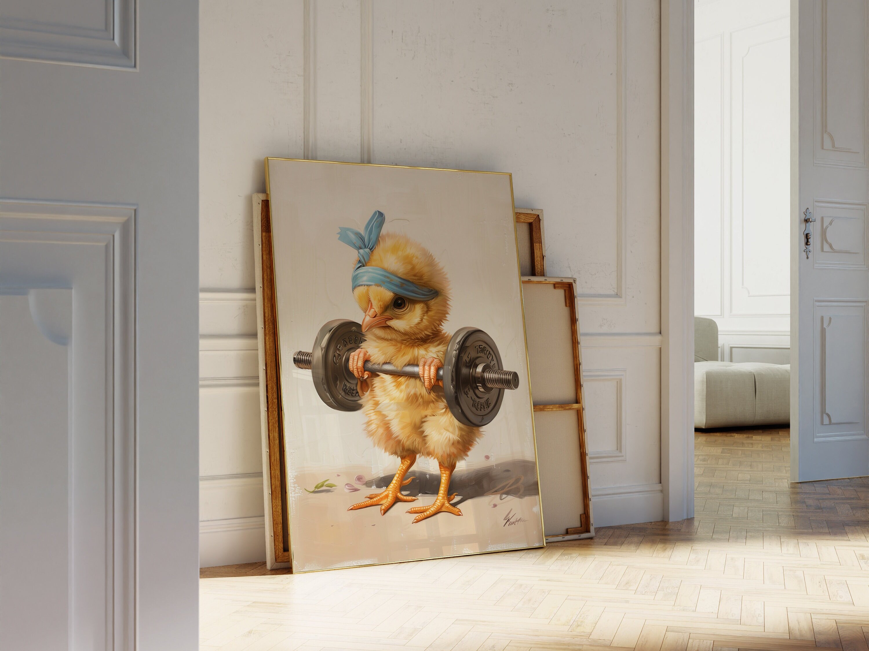 Baby Chicken Lifting Weights Painting, Funny Chick Workout Poster, Cute ...