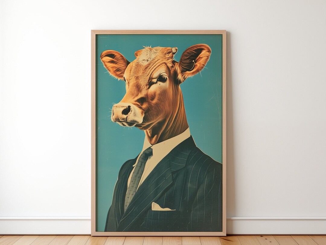 Retro Cow Wearing a Suit Poster, Vintage Office Art, Funny Cow Portrait ...