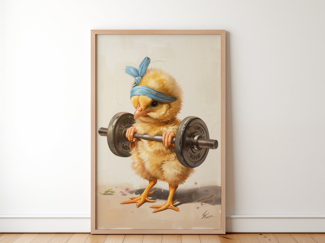 Baby Chicken Lifting Weights Painting, Funny Chick Workout Poster, Cute ...