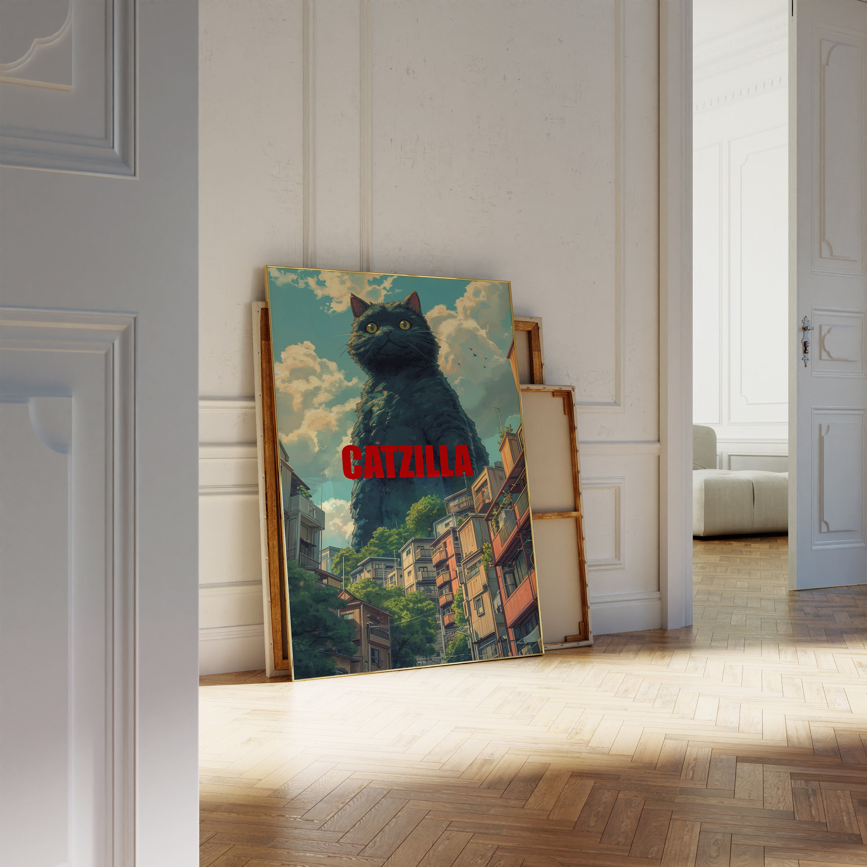 Studio Ghibli Catzilla Over Large Buildings in Tokyo Poster, Cute Black ...