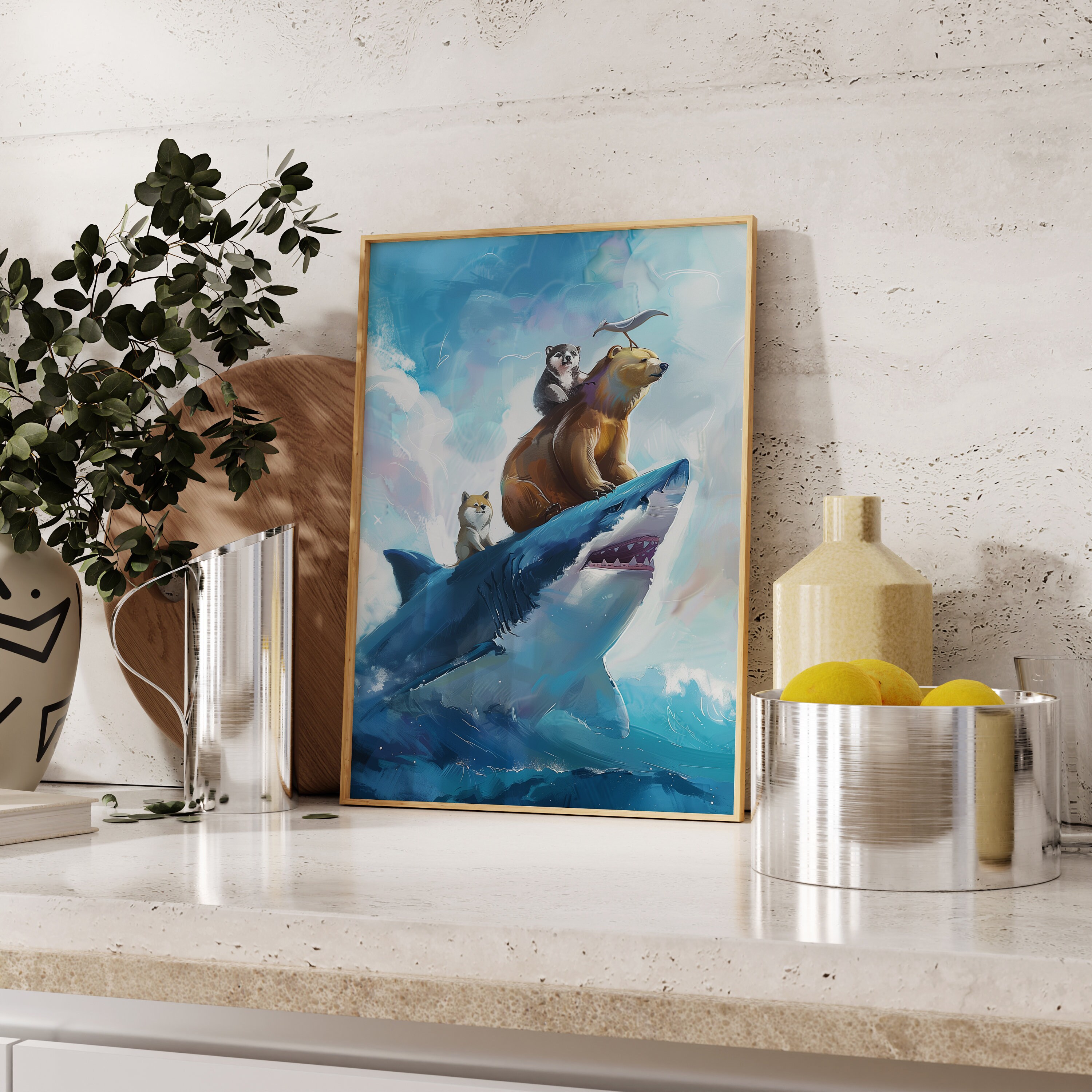 Animals Joyriding A Great White Shark Painting, Funny Bear Poster, Cute ...