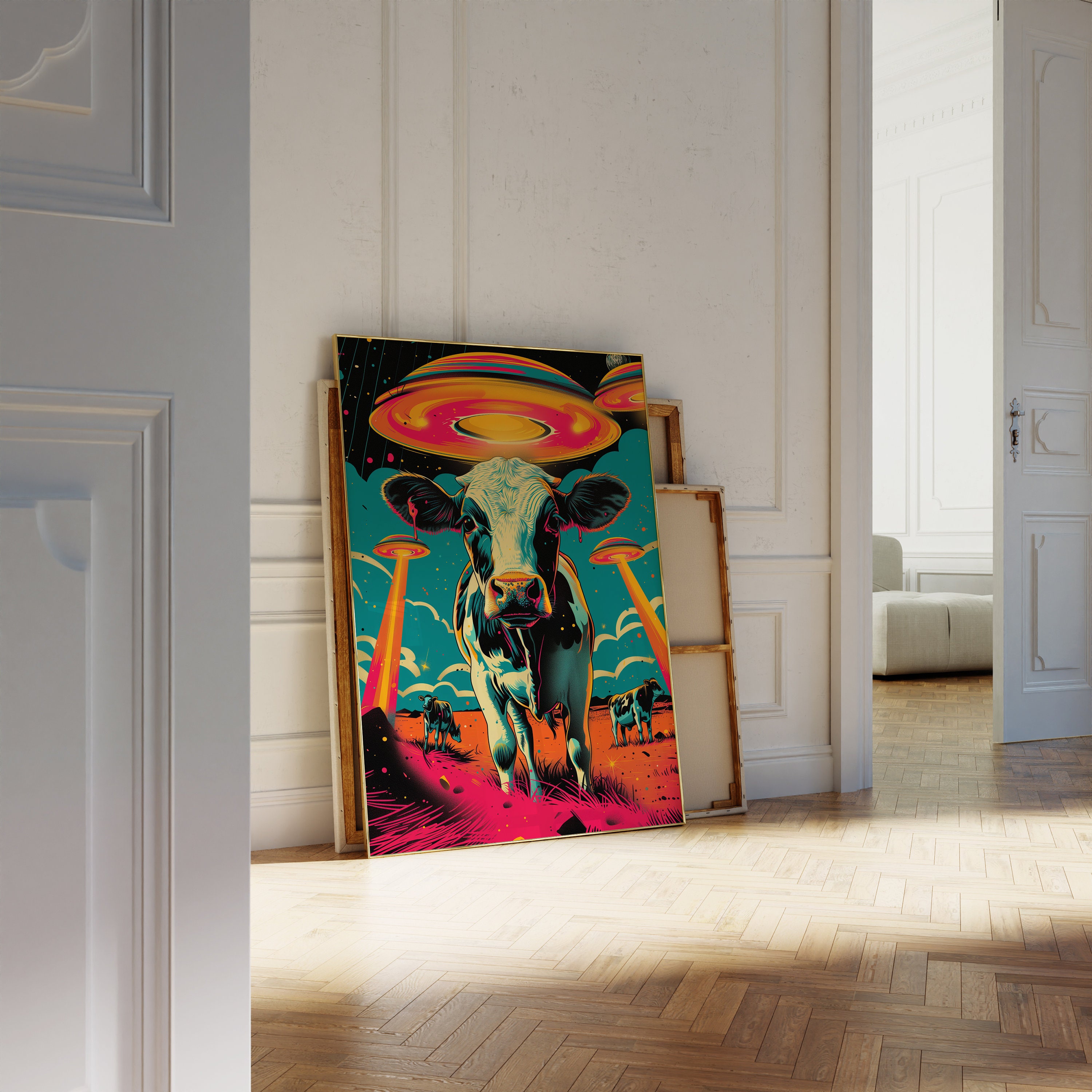 Cow Abduction by Aliens Pop Art, Two Headed Cow Funny Animal Wall Decor ...